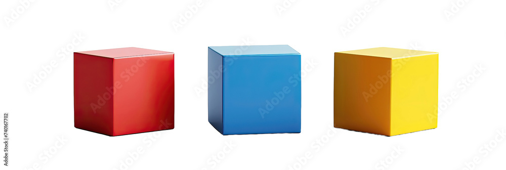 Three rectangular blocks in solid colors red, blue, and yellow ...