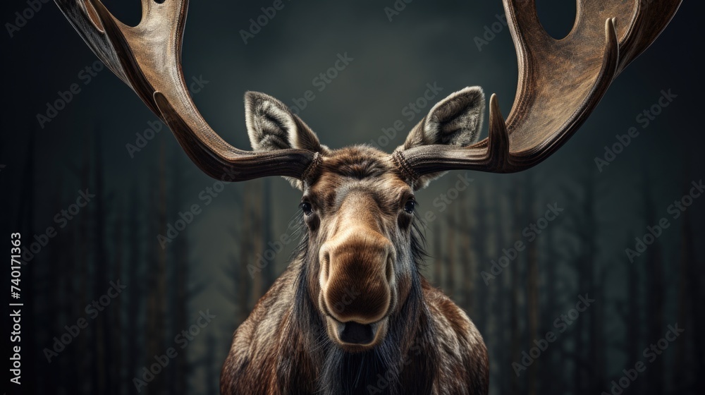 Majestic moose with impressive antlers in a dark, mysterious forest ...