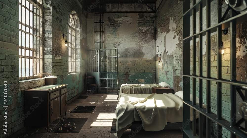 old jail cell with old bars and walls due to the age of day in high ...