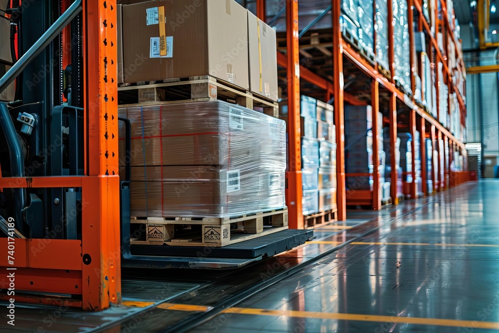 Warehouse operation with forklift loading boxes onto a pallet ...
