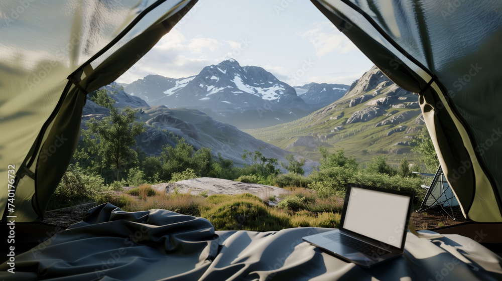 A first-person perspective from inside a tent with a laptop work ...