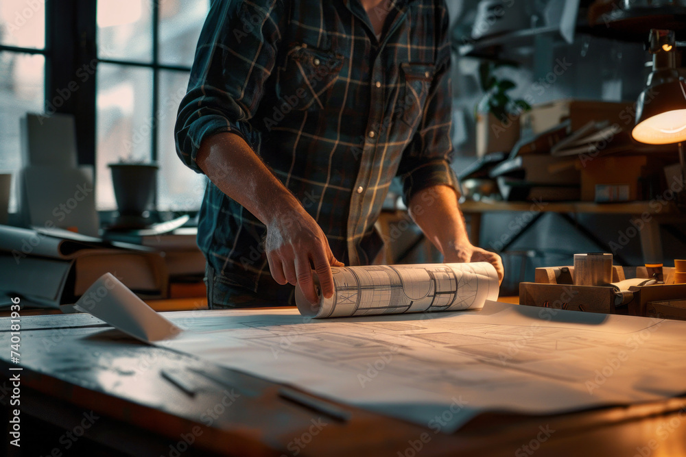Man looking through a plan or blueprint for building a house or other ...
