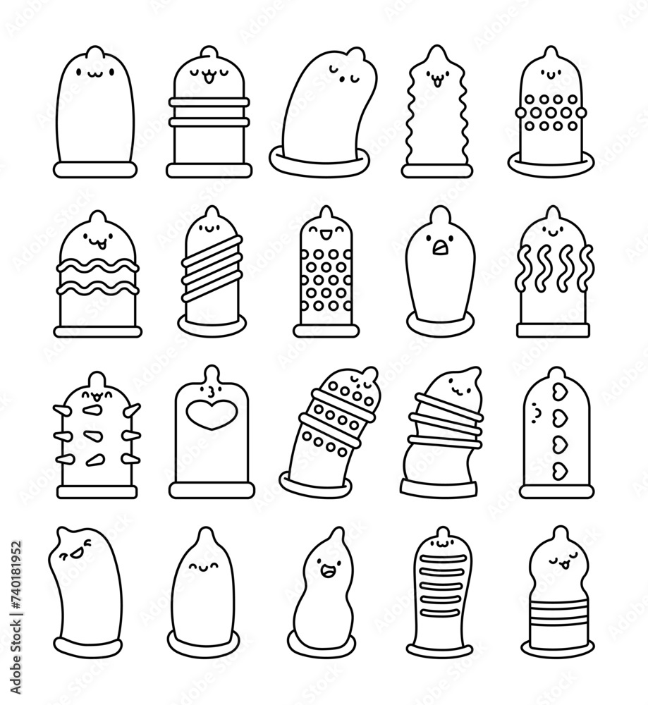 Cute kawaii condoms with faces and emojis. Coloring Page. Cartoon ...