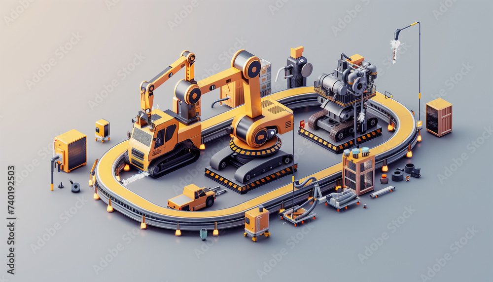 Isometric 3D Car Factory render, Automated Robot Arm Assembly Line ...