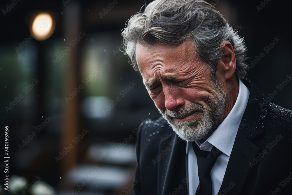 Funeral scene picture of sad depressed people crying farewells at ...