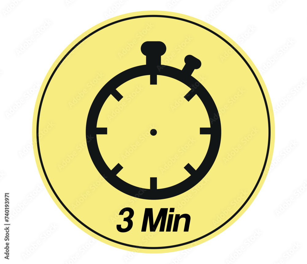 3 minutes stopwatch symbol. Timer sign icon yellow and black isolated ...