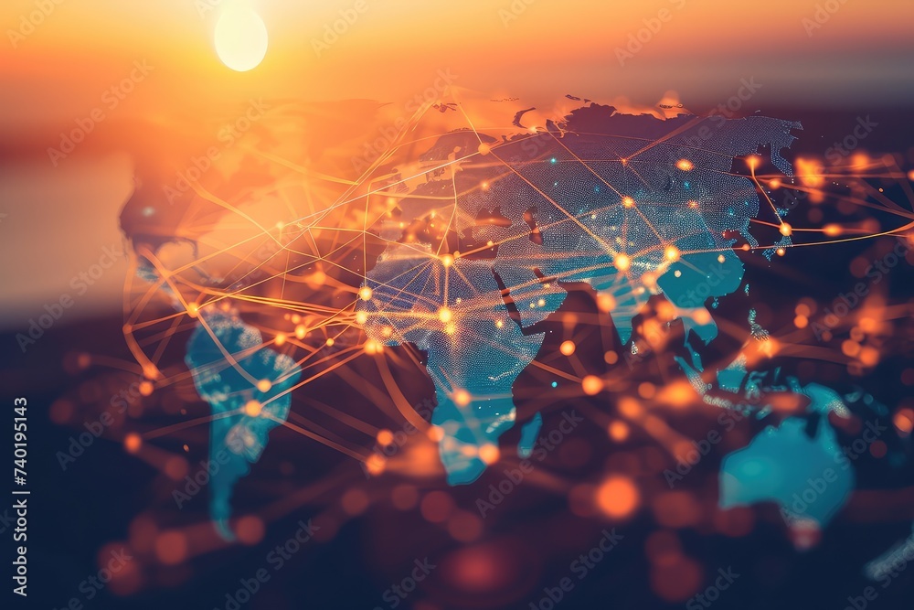 World map with connecting lines and dots. Global communication concept ...
