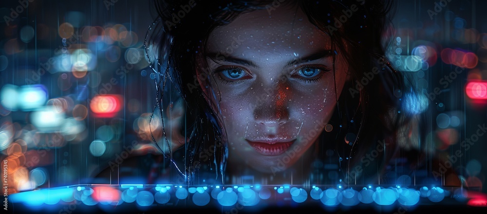 A woman's face illuminated by the glow of a screen, her lips forming a ...