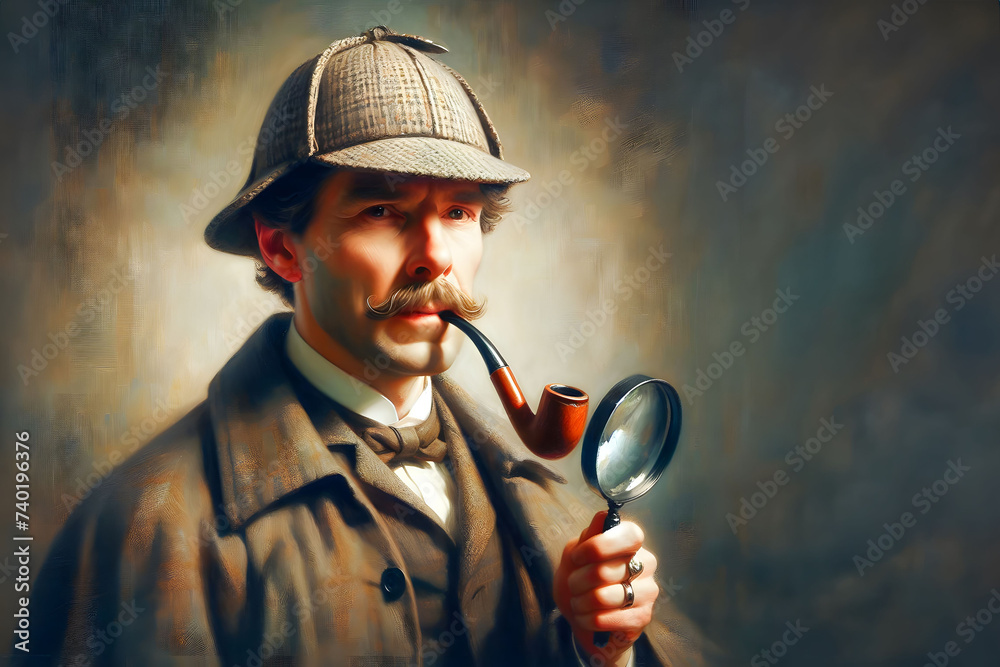 Sherlock Holmes in vintage attire with magnifying glass and pipe ...