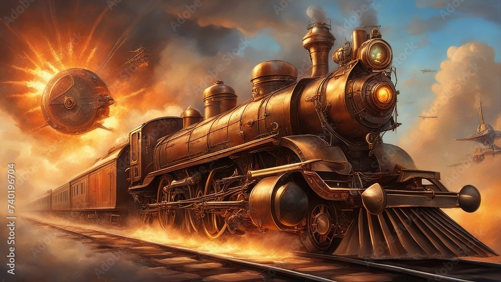 old locomotive in motion a steampunk, A dynamic scene of a steampunk ...