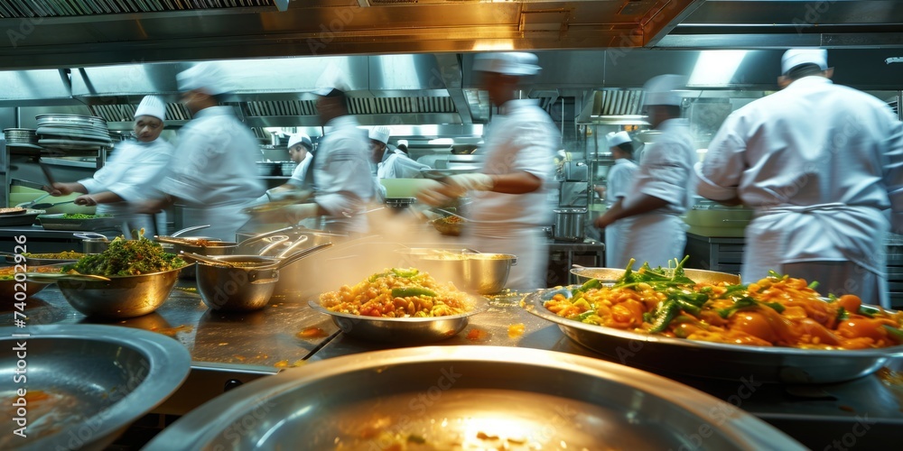 Professional chefs in white uniforms are intensely preparing and ...