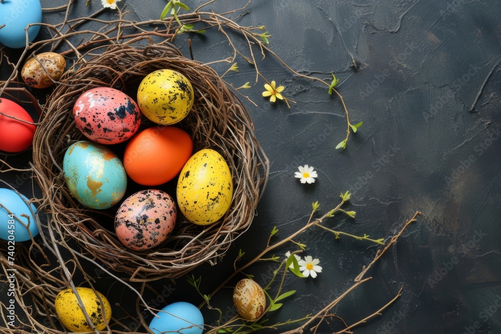 Happy Easter Eggs message area. Bunny hopping in flower brothers ...