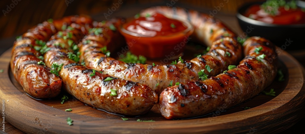 Indulge in a mouth-watering plate of sausages, each bursting with ...