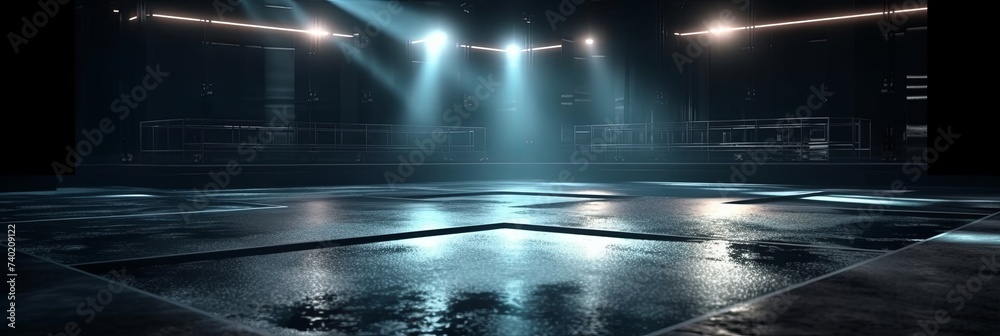Dark stage dance floor illuminated by spotlights background. Blank with ...