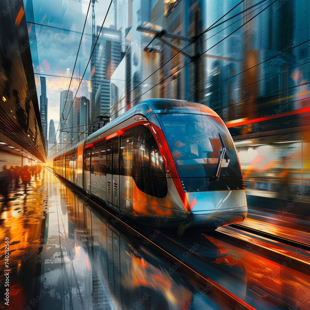 Square format ultra realistic photo of modern train against a summer ...