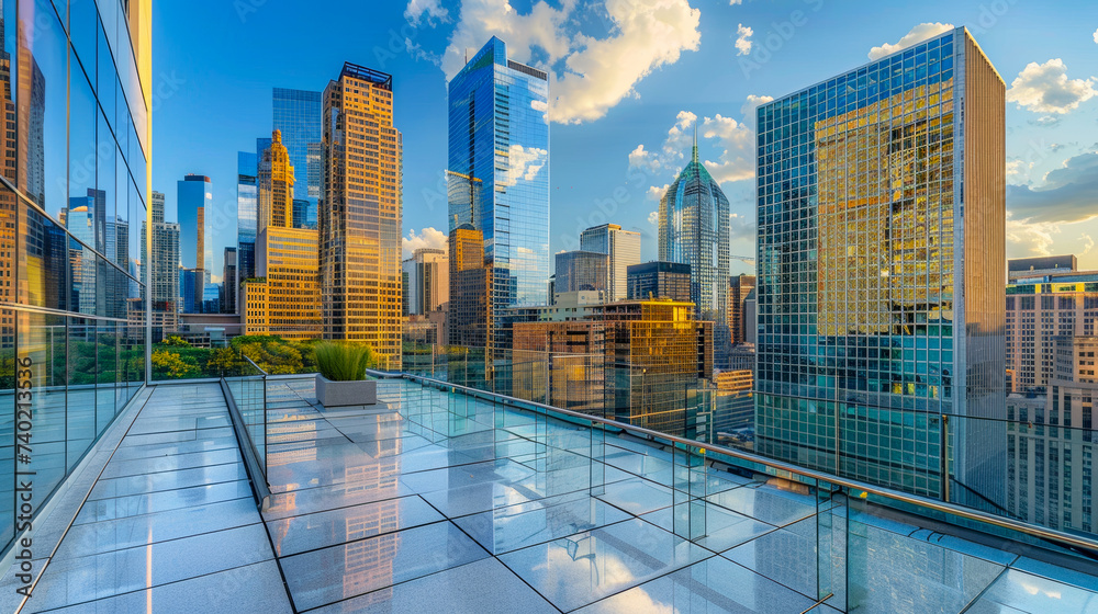 Scenic rooftop view overlooking a bustling metropolis, with towering ...