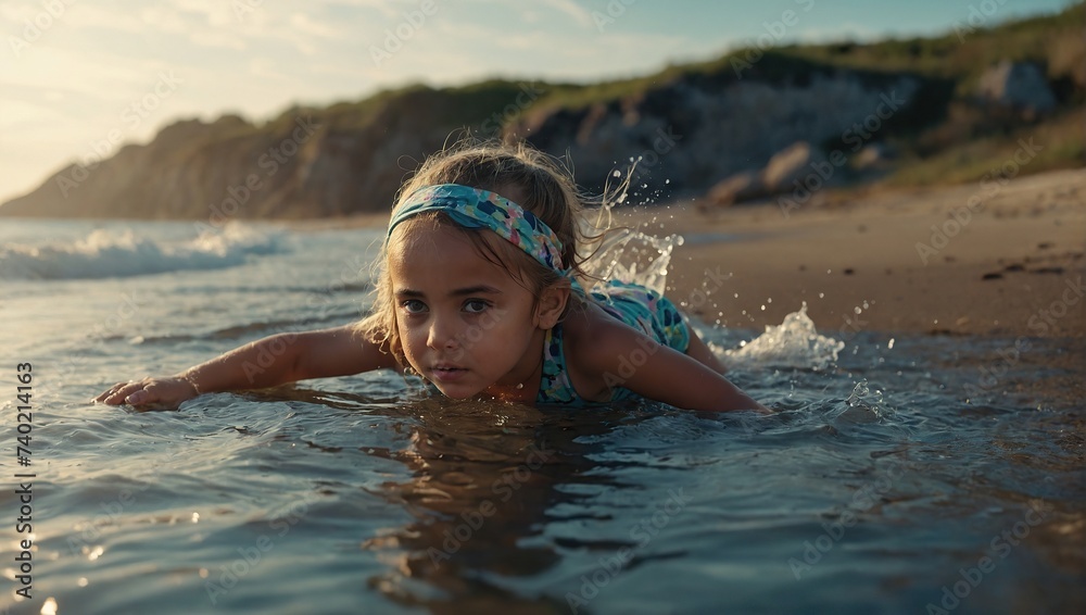 Small girl in swimsuit playing at beach, crouching in water Stock Photo ...