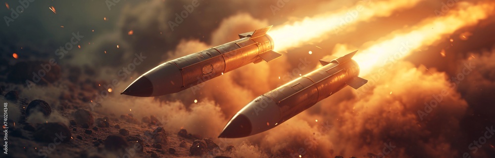 Two powerful rockets soar through the sky, leaving behind a trail of ...