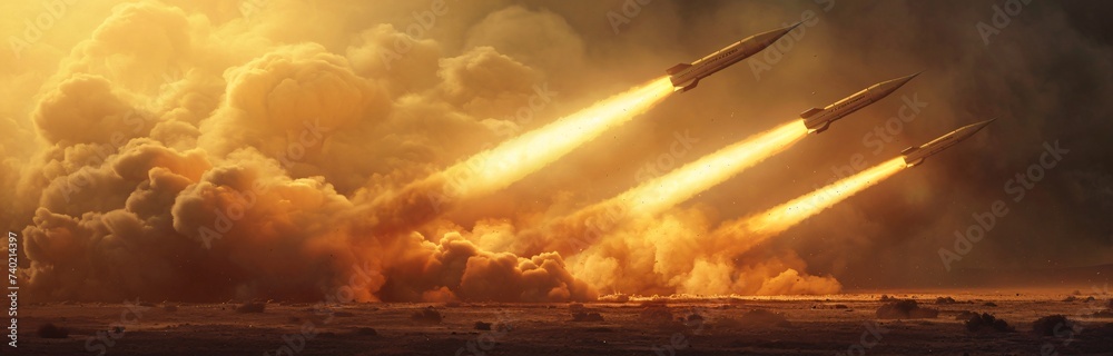 Amidst a cloud of smoke and fiery explosion, a powerful rocket blasts ...