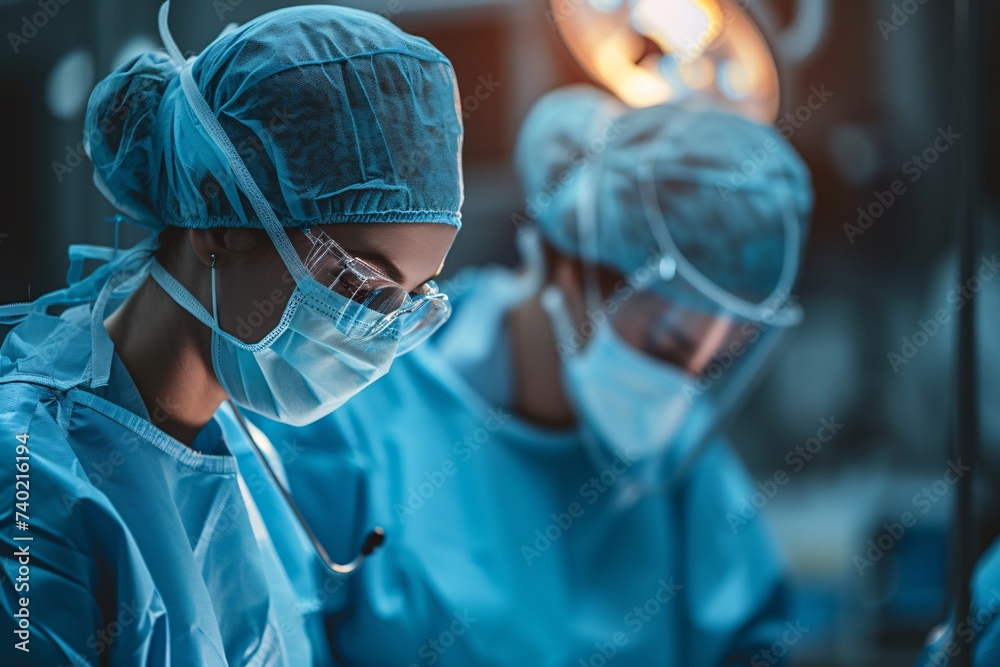 A team of medical professionals donning surgical masks and goggles ...