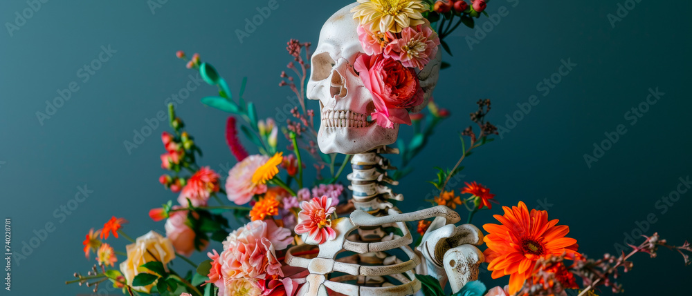 Floral human skeleton in full bloom representing a fusion of nature and ...