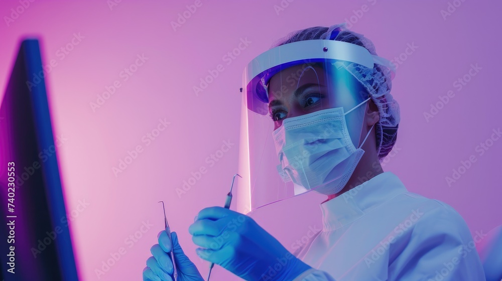 A medical professional, fully protected in a face shield and gloves ...