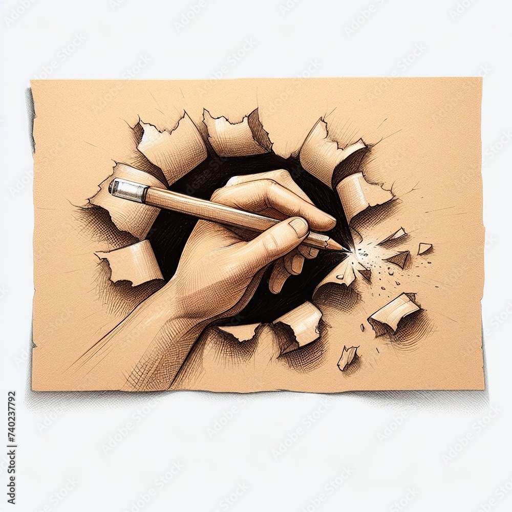 A hand is seen drawing on paper with a pen, tearing the paper in the ...