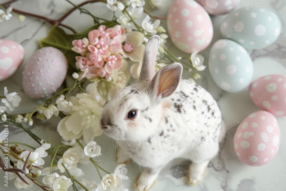 Happy Easter Eggs render resolution. Bunny hopping in flower Graphic ...
