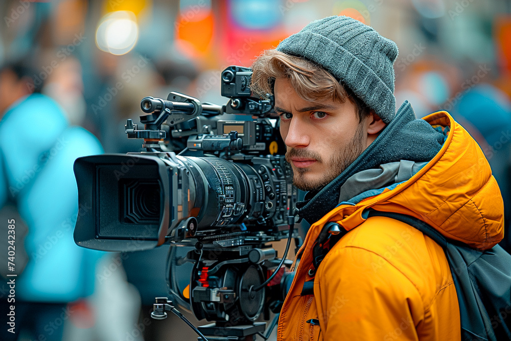 Filming interview. Cameraman working on professional camera taking film ...