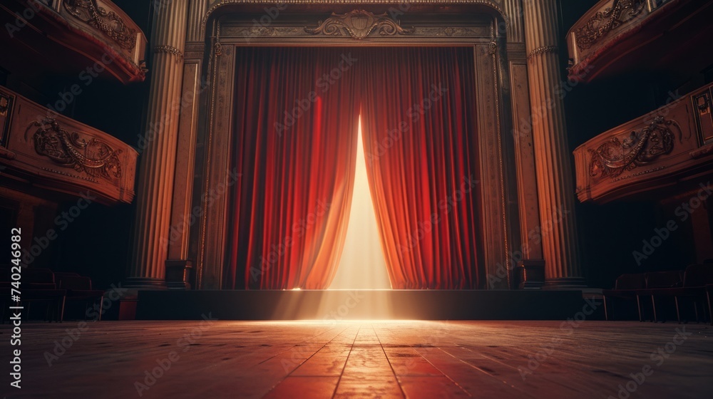 Vintage theater's red velvet curtain rising, revealing an empty ...