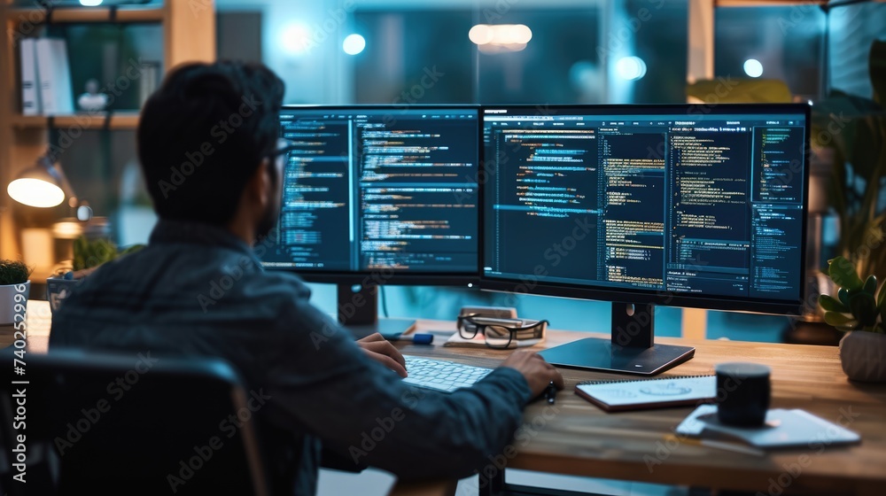 A focused software developer codes on a dual monitor setup in a modern office environment with a ...