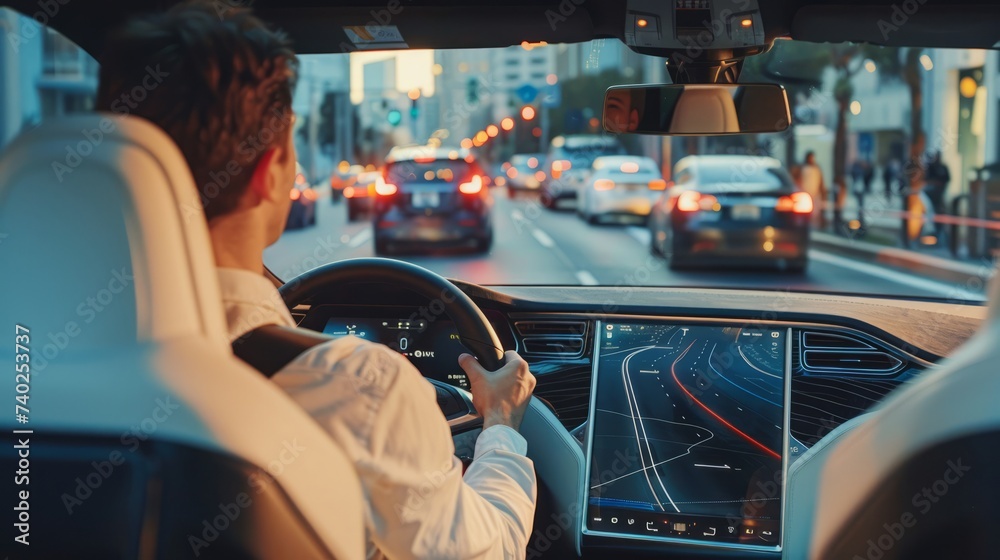 Self-driving car with relaxed man sitting at driver seat is driving on ...