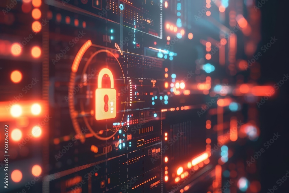 Cybersecurity concept with a digital lock interface on a computer screen Emphasizing the ...