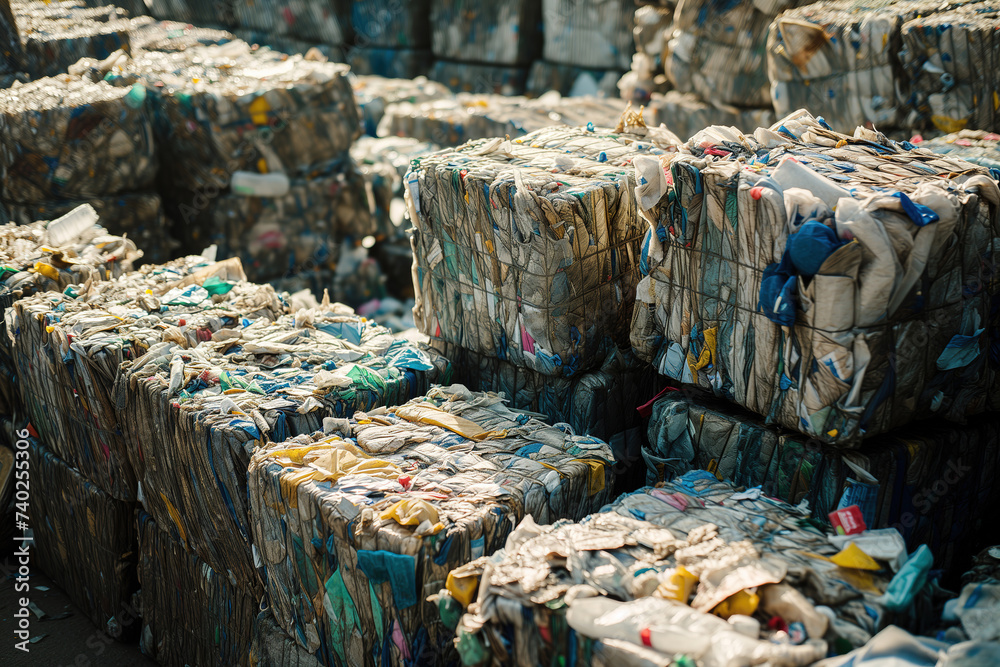 Multiple cubes of compressed plastic garbage near the waste recycling ...
