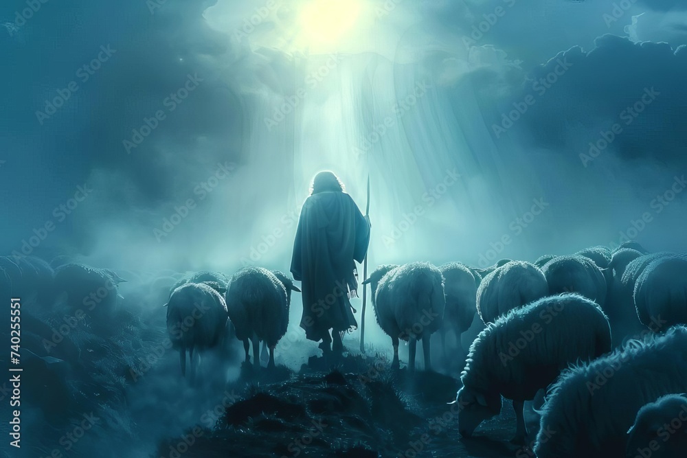 Shepherd themed illustration of jesus christ guiding sheep Set against ...