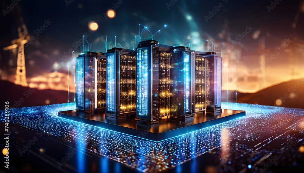 Concept big data processing center, cloud database, server energy station future. Data ...