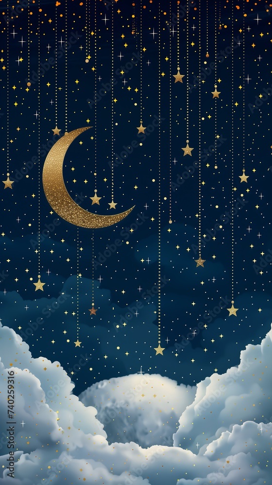 starry night sky golden stars crescents hanging clouds mobile storybook ...