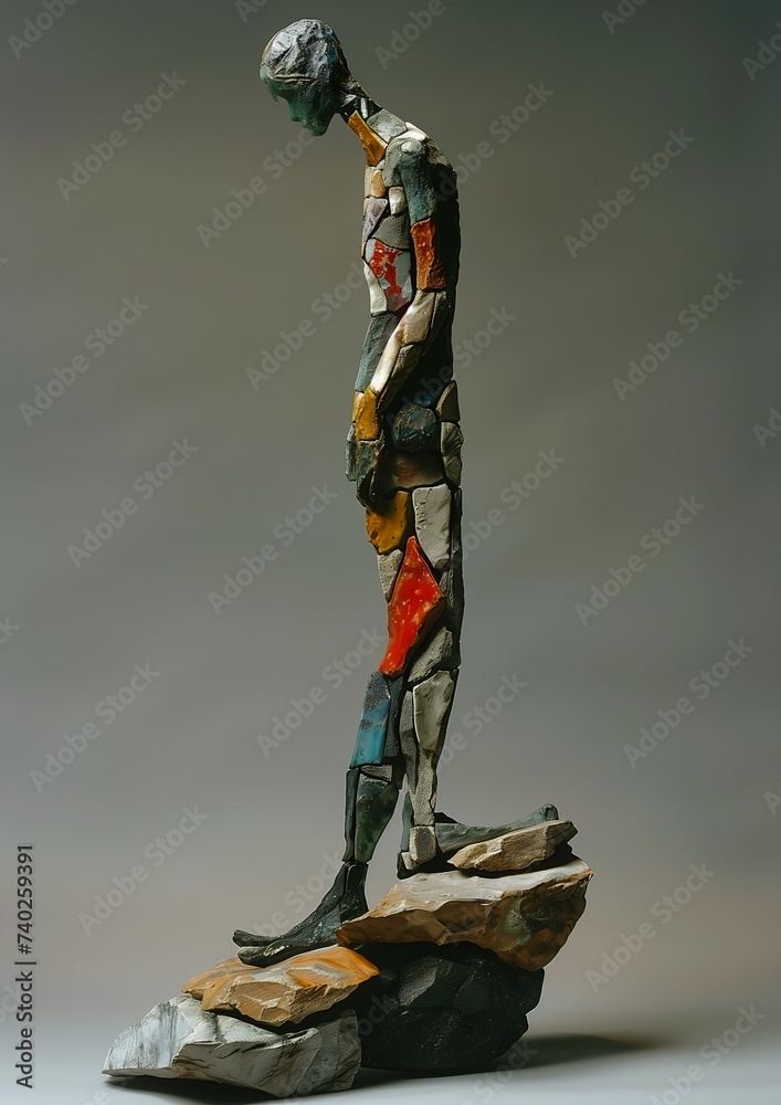 closeup sculpture person standing rock high color compression fragments ...
