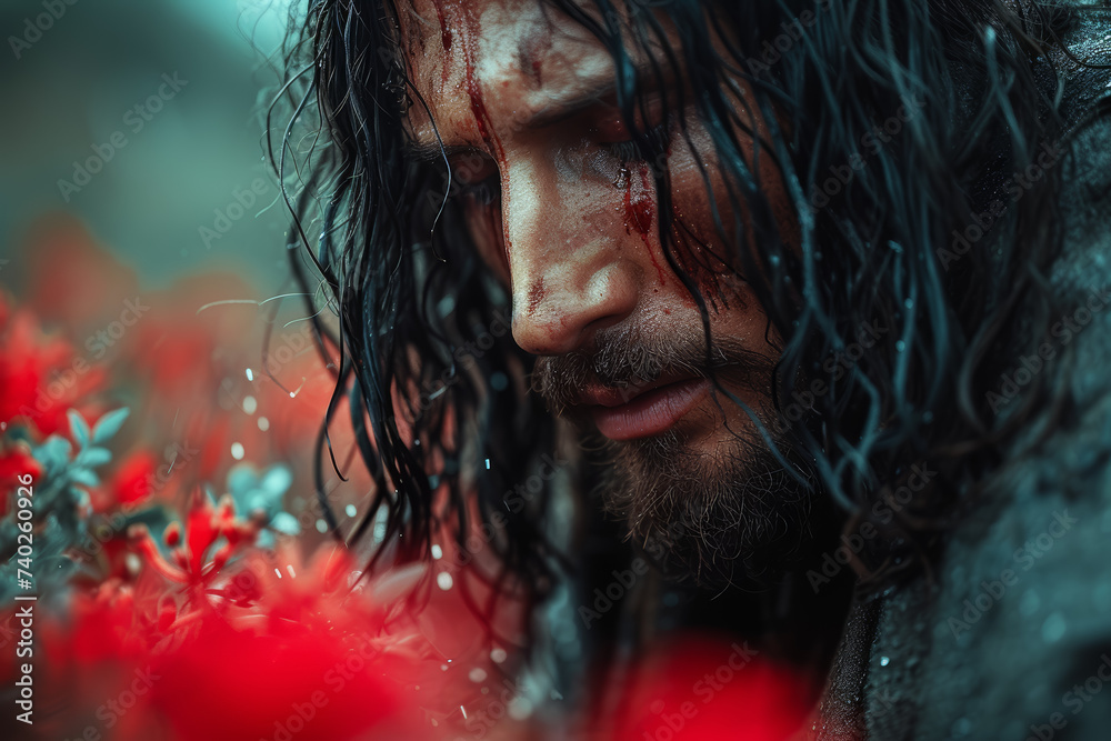 Imagination of Christ in the Garden of Gethsemane, praying earnestly as ...