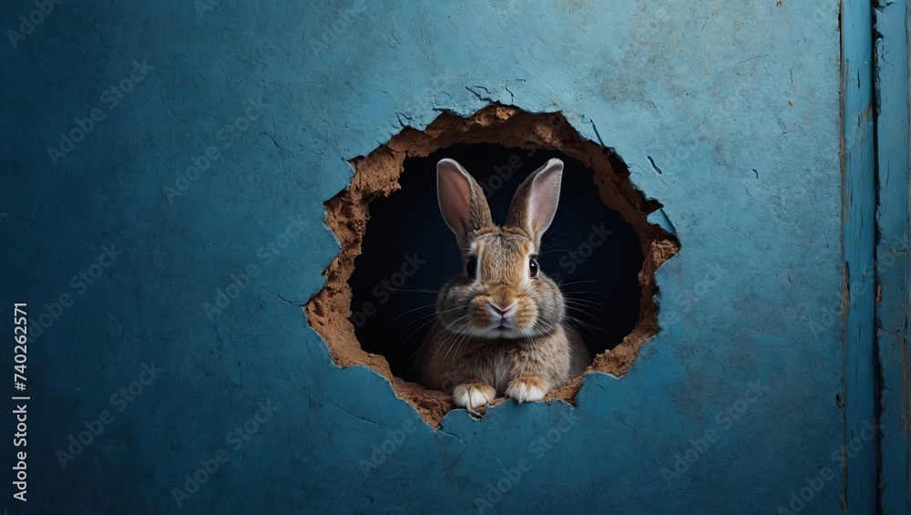 Bunny peeking out of a hole in blue wall, fluffy eared bunny easter ...