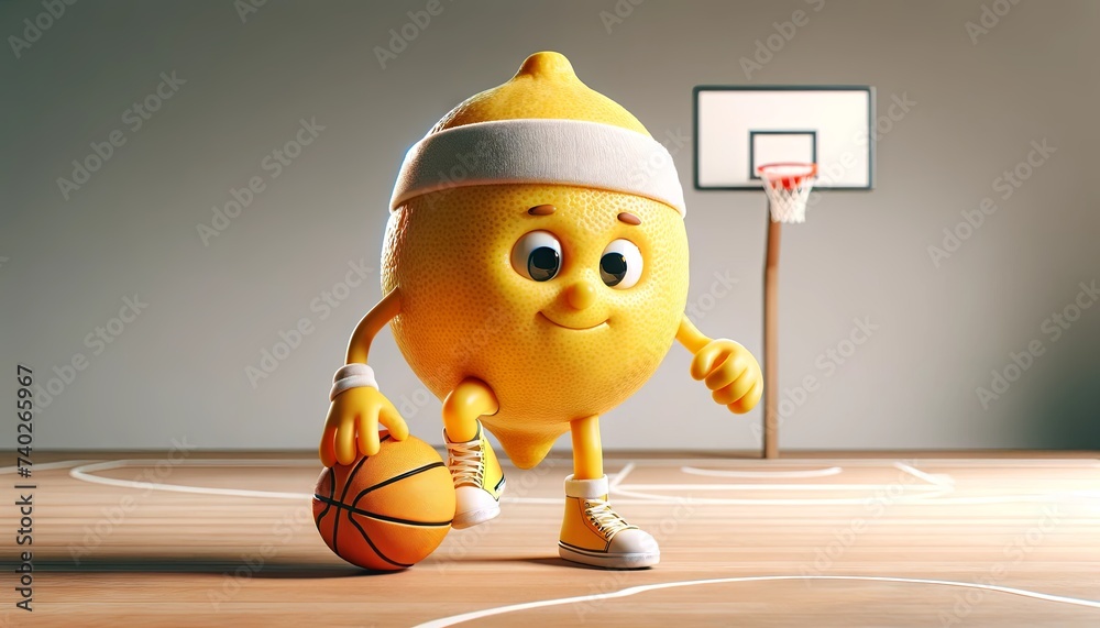 A 3D style cartoon lemon character dressed as a basketball player ...