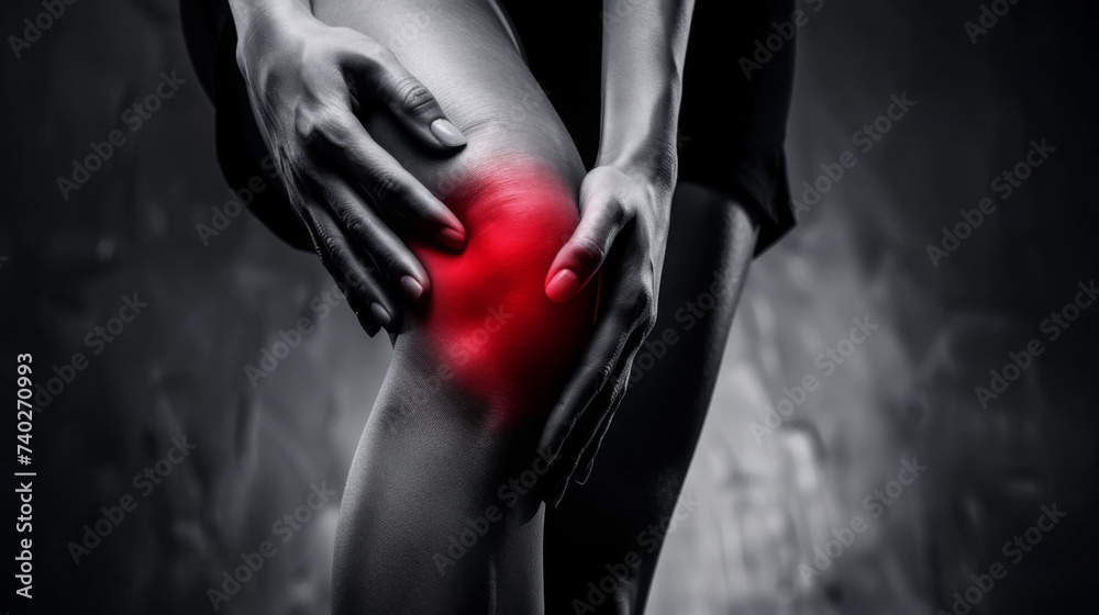 person's hands touching their own knee, with a visual representation of ...