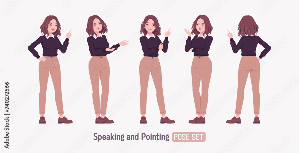 Young woman, charming anime like girl set speak, point pose. Smart ...
