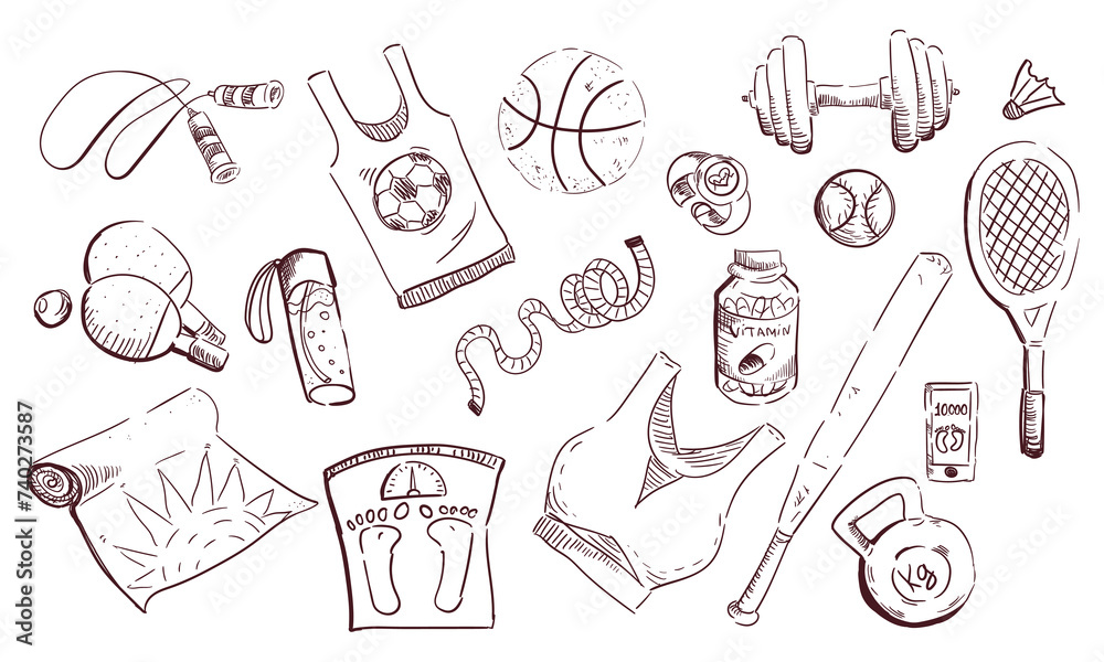 Set of hand drawn sports doodles with ball, bottle, jump rope ...
