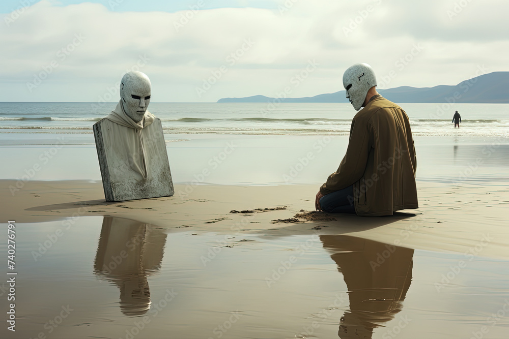 Two people with obscured faces sit facing each other on a sandy beach ...