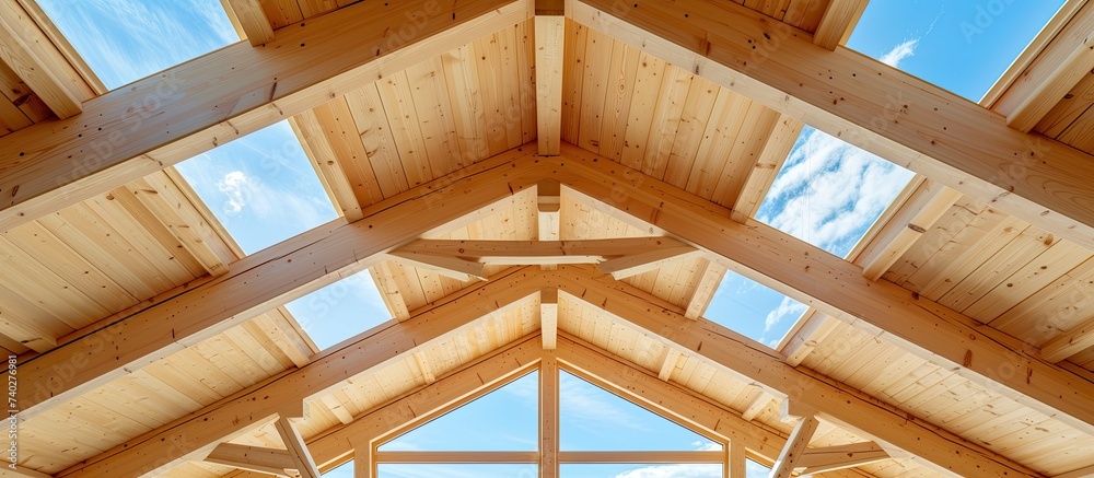 This photo captures the intricate design of a wooden roof structure ...