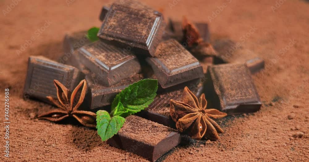 Chocolate Pieces Rotating Background with Anise Stars with Cocoa Powder ...