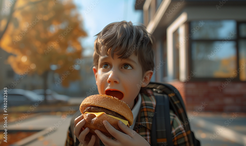 a young boy is eating a hamburger in front of a school building. happy ...