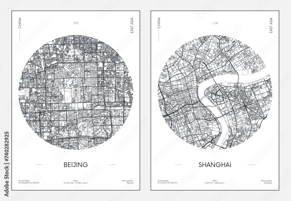 Travel poster, urban street plan city map Beijing and Shanghai, vector ...