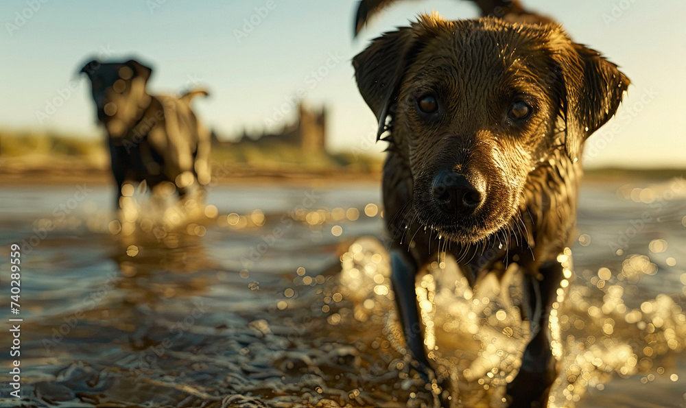Beautiful happy dogs playing in the water, in the sunlight, splashing ...